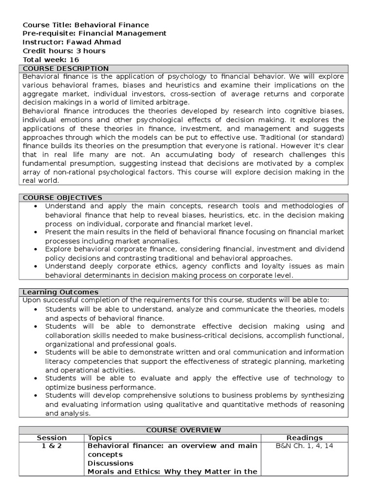 Behavioral Finance Course Outline | Behavioral Economics | Decision Making