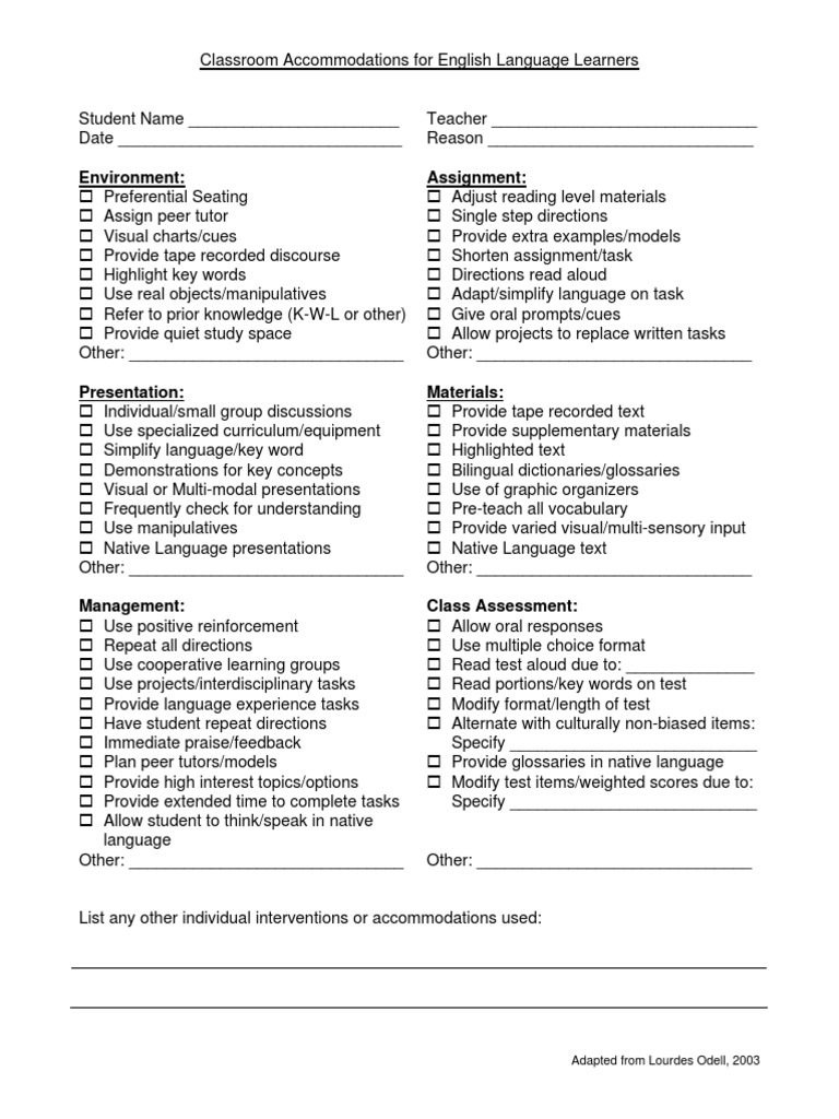 ELL Accommodation Checklist | PDF | Career & Growth | Language Arts ...