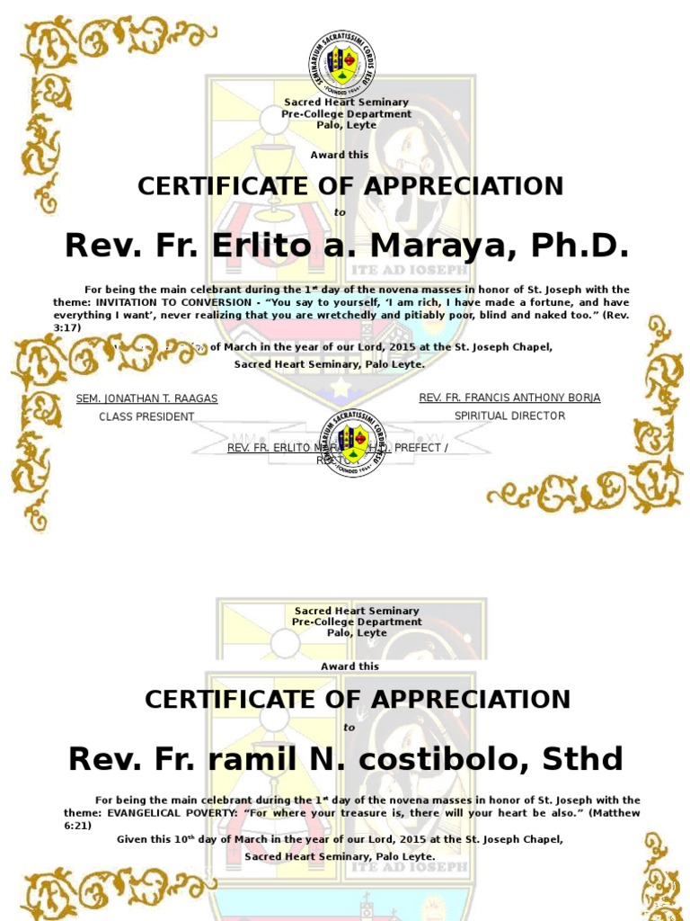 Certificates of Appreciation for Novena Masses | PDF | Saint Joseph ...
