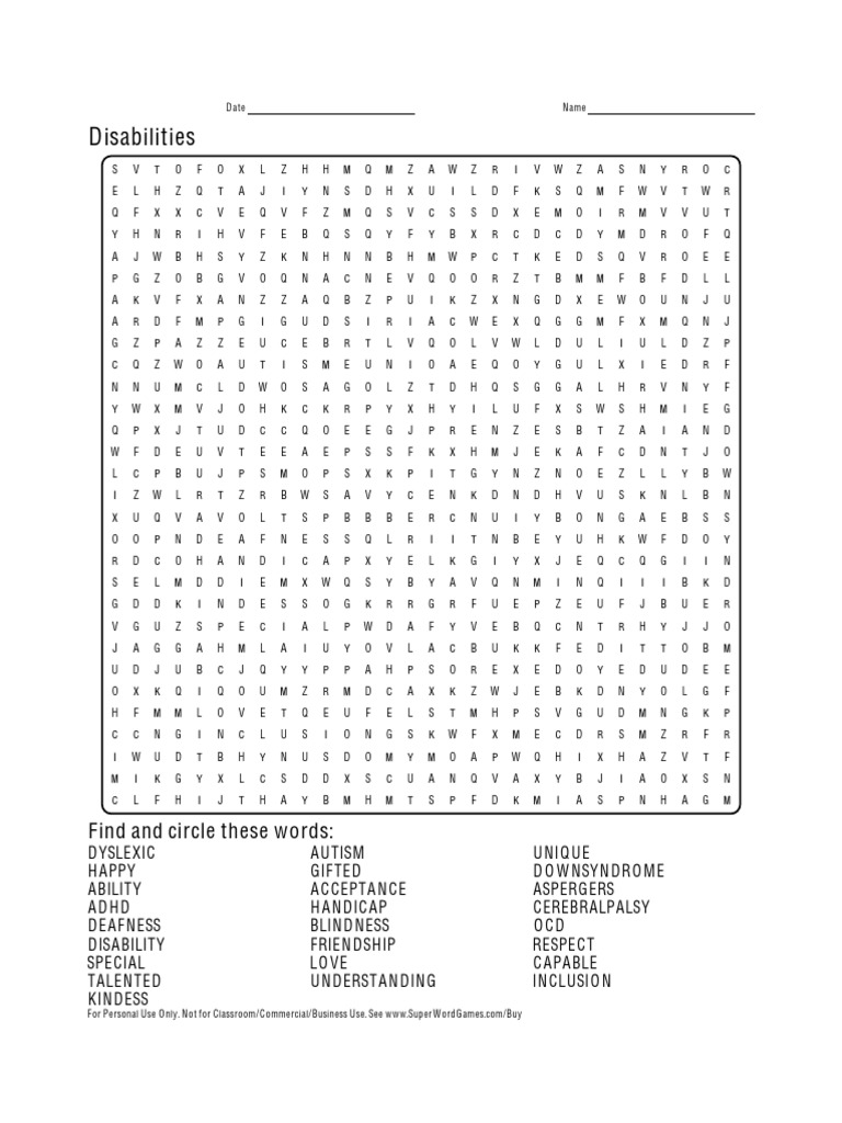 Disabilities Word Search 7 | PDF | Leisure