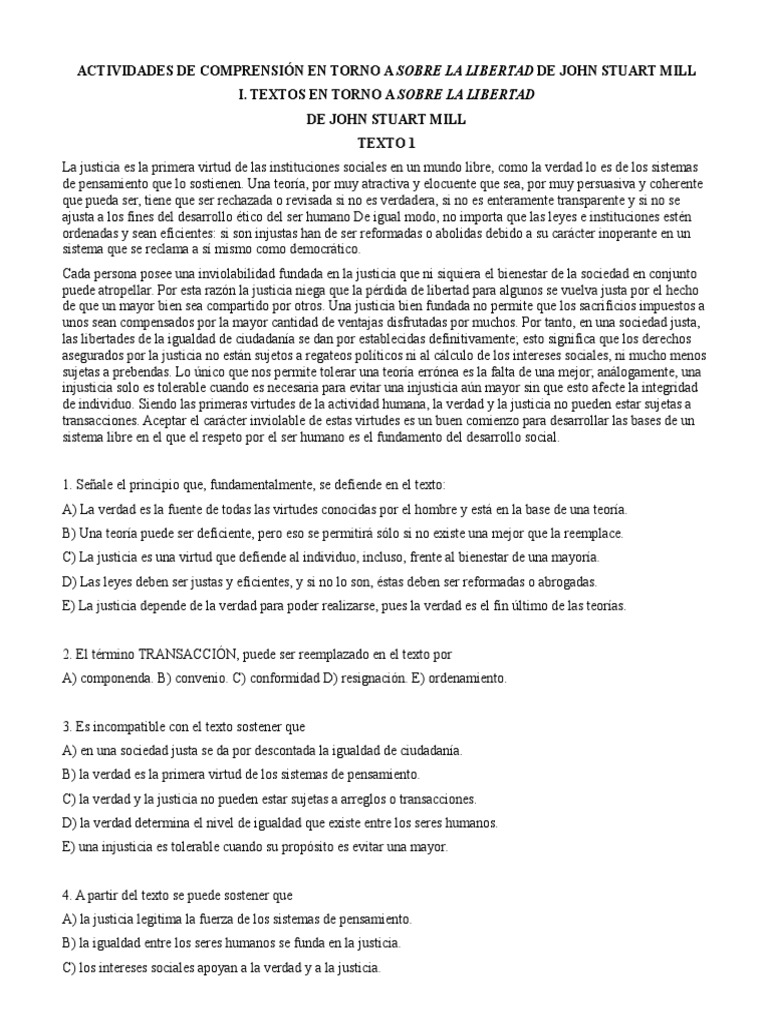 Actividades de Comprensión Sobre La Libertad de John Stuart Mill | Descargar gratis PDF ...