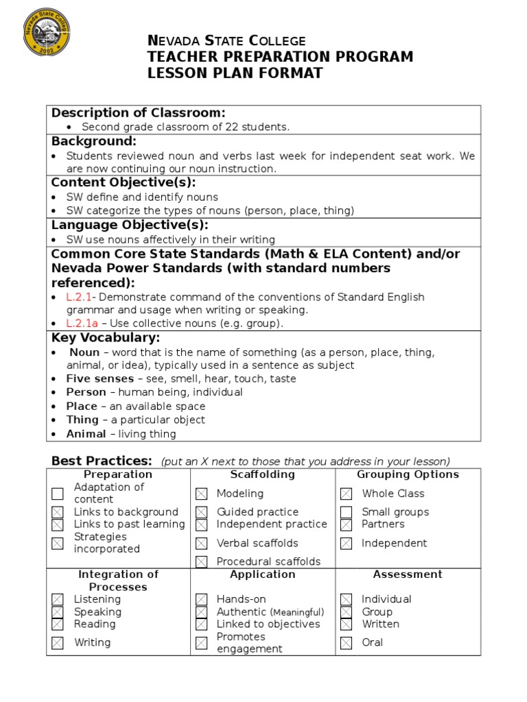 Nouns Lesson Plan-NSC Format | PDF | Lesson Plan | Cognitive Science
