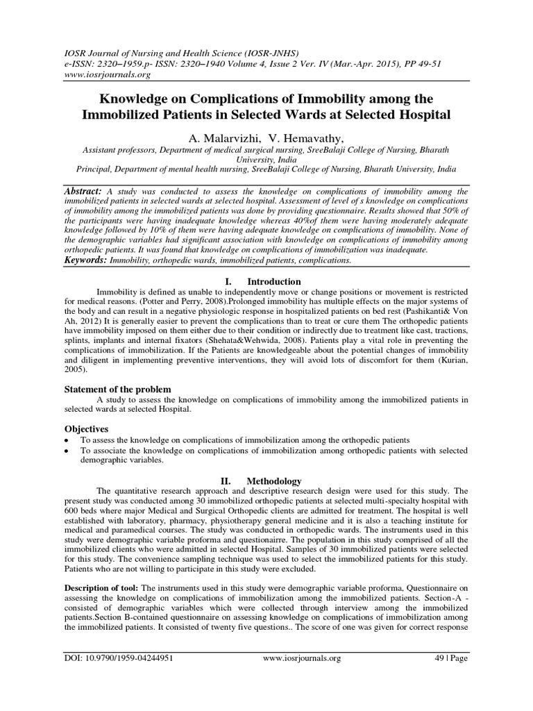 Knowledge on Complications of Immobility among the Immobilized Patients ...