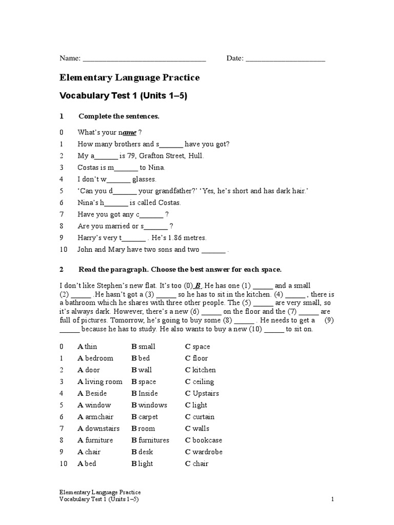 ELP English Vocabular Test 1 | PDF