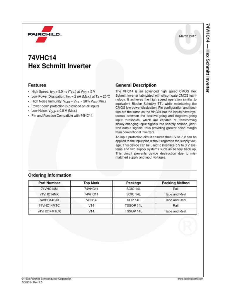 74VHC14 Hex Schmitt Inverter: Features General Description | PDF | Cmos | Electromagnetism