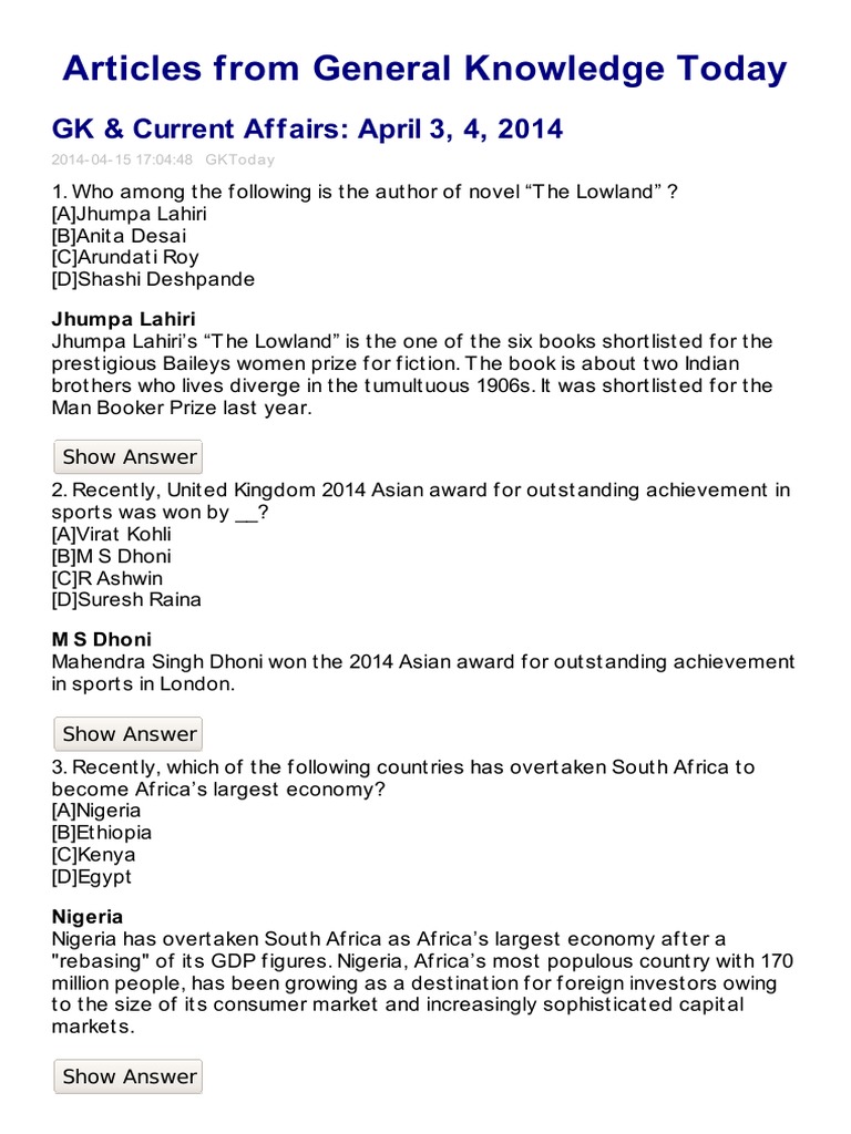 Articles From General Knowledge Today: GK & Current Affairs: April 3, 4, 2014 | PDF | Sports