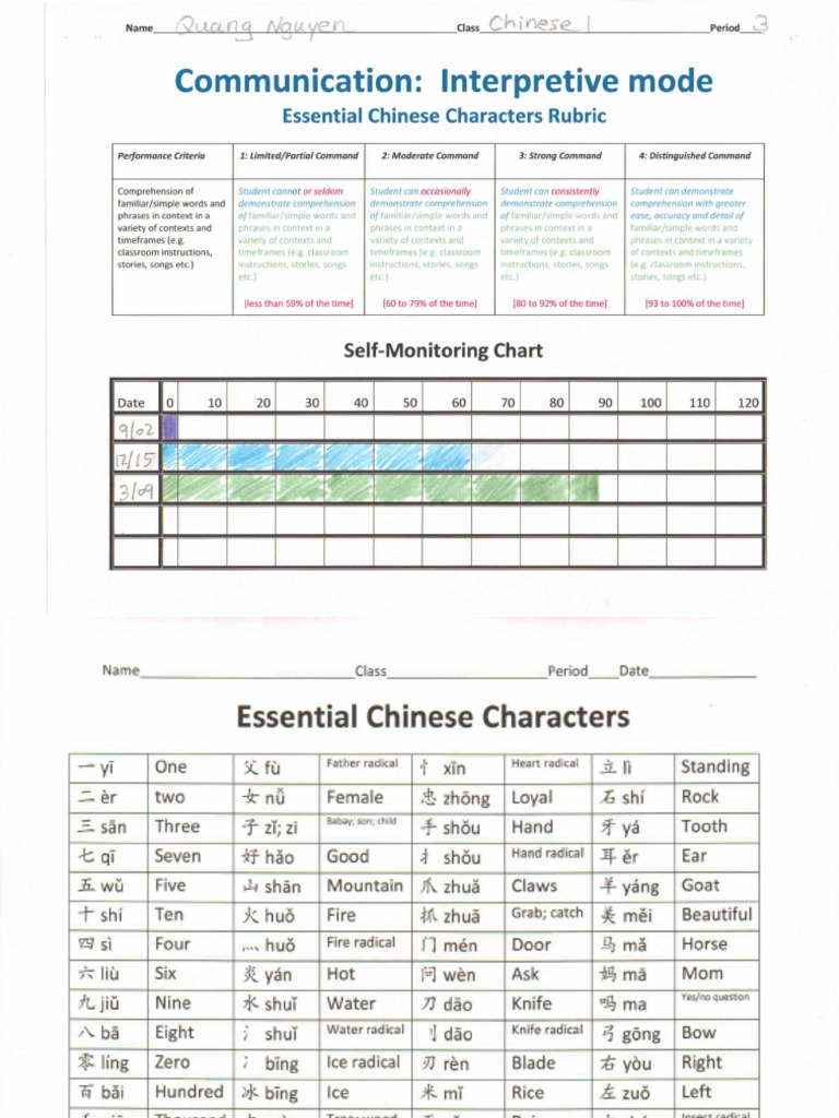 Essential Chinese Characters Rubric | PDF