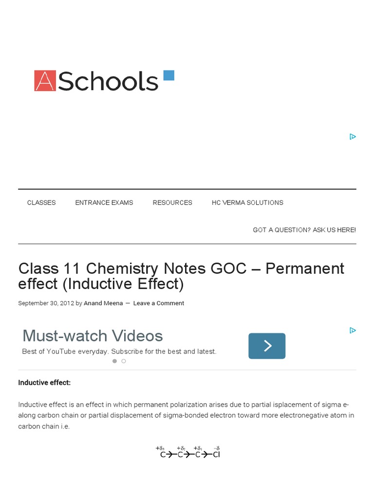 Class 11 Chemistry Notes GOC - Permanent Effect (Inductive Effect ...