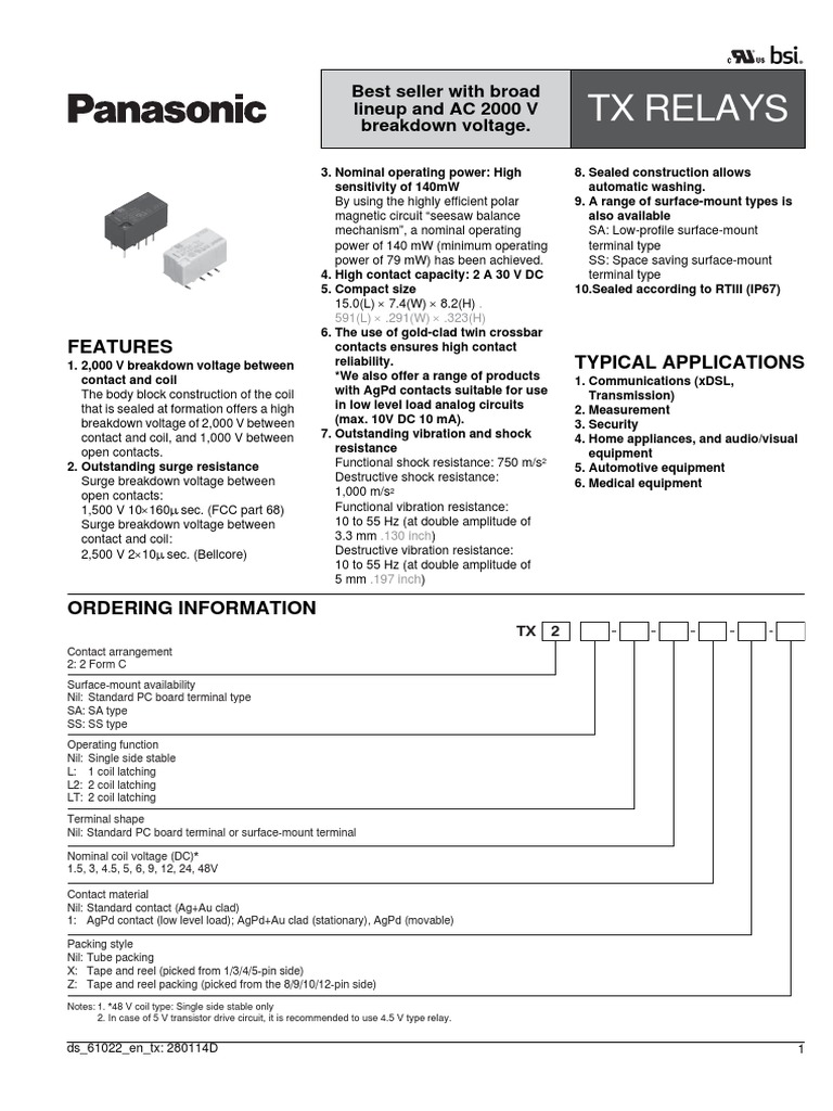 TX Relays: Features Typical Applications | PDF | Switch | Relay