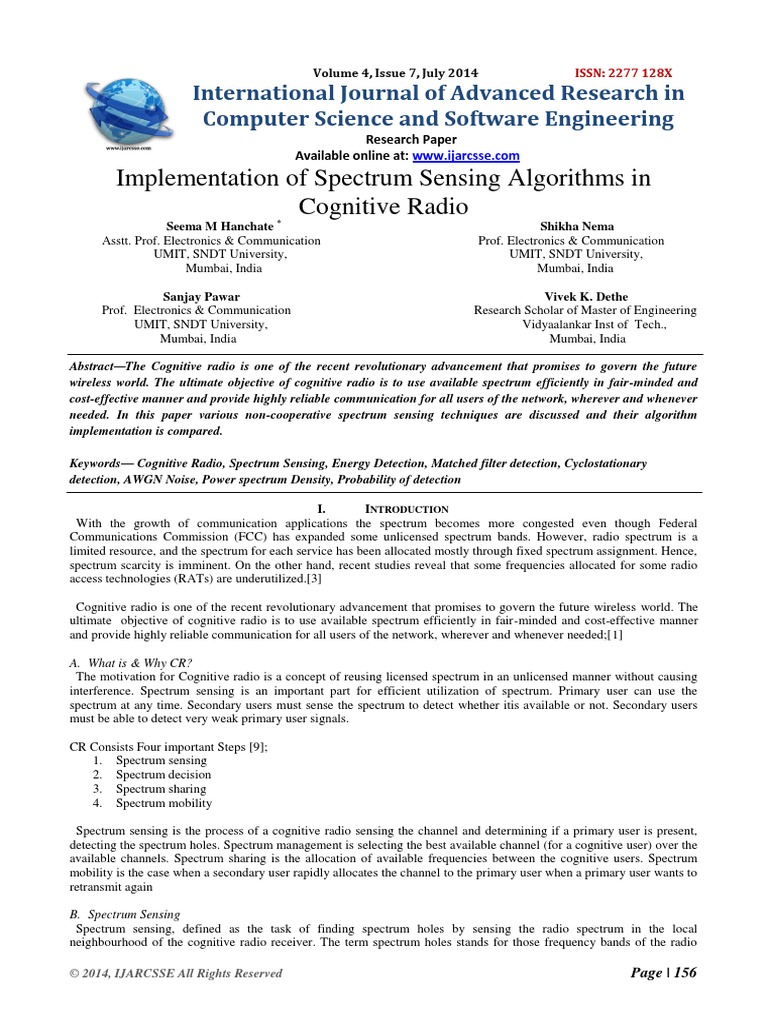Implementation of Spectrum Sensing Algorithms in Cognitive Radio | PDF | Cognitive Radio ...