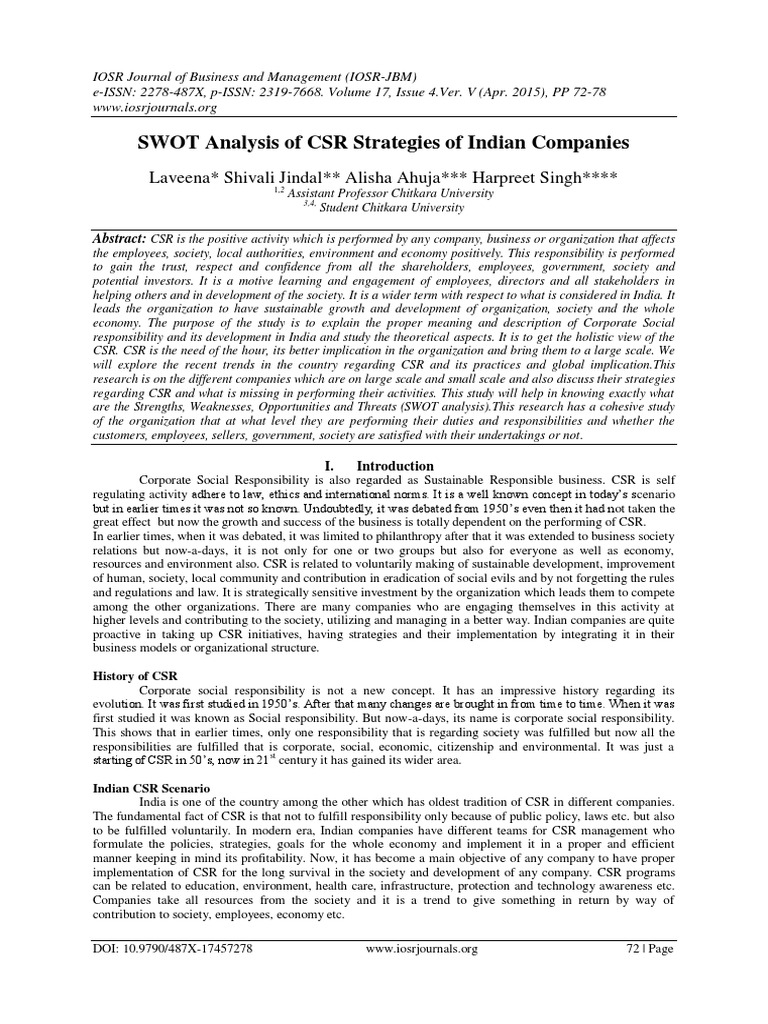 SWOT Analysis of CSR Strategies of Indian Companies | PDF | Corporate ...