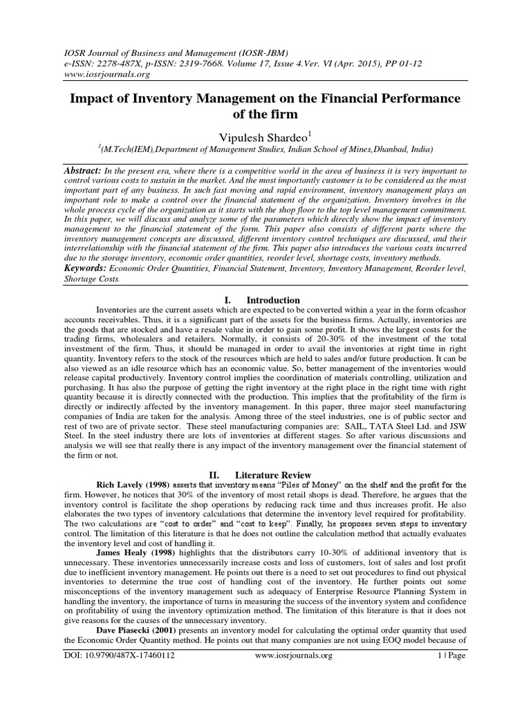 Impact of Inventory Management On The Financial Performance of The Firm ...