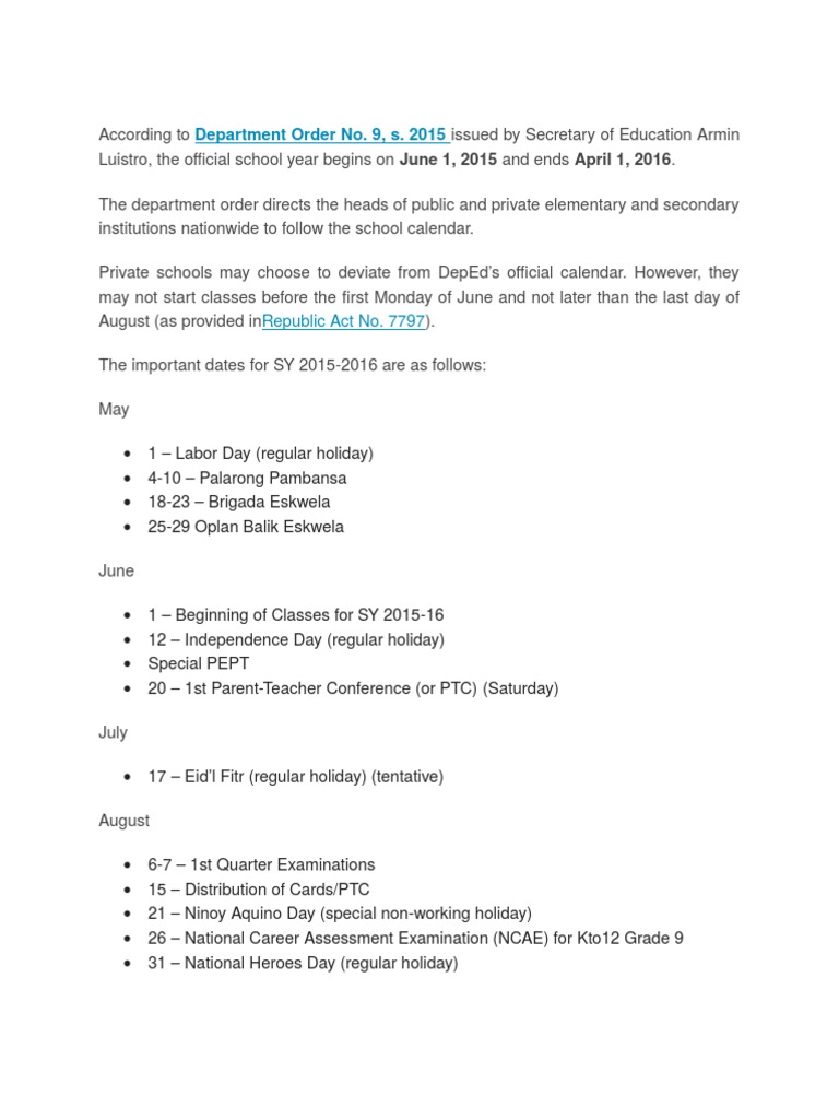 School Calendar 2015-2016 | PDF | Schools