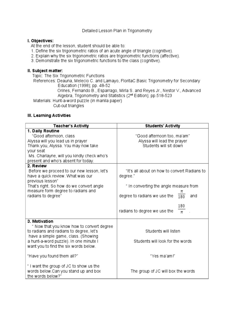 Detailedlessonplanintrigonometry 130303203030 Phpapp01 | PDF ...