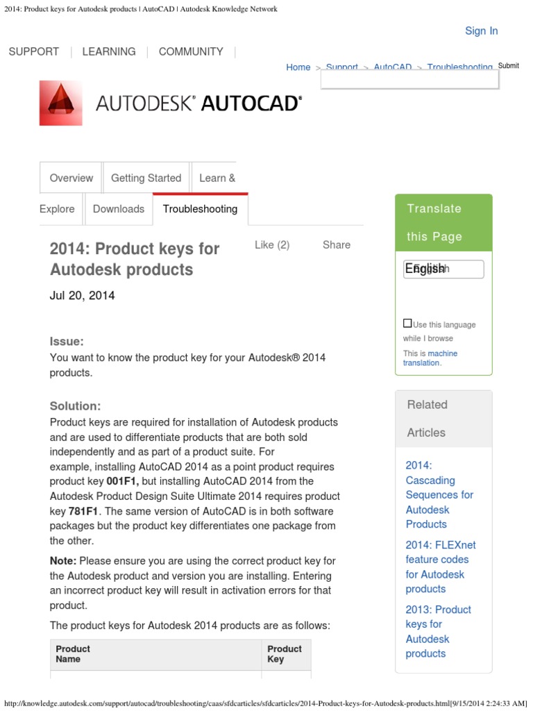 2014_ Product Keys for Autodesk | Autodesk | Auto Cad