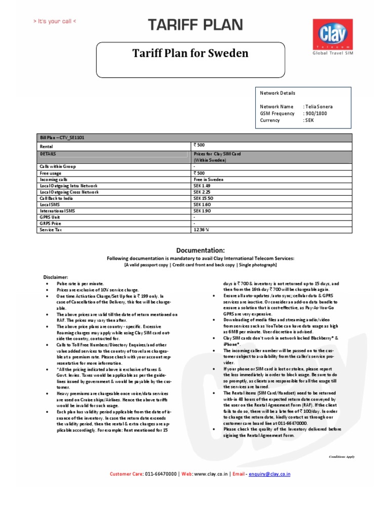 Tariff Plan For Sweden: Network Details Network Name: Telia Sonera GSM ...