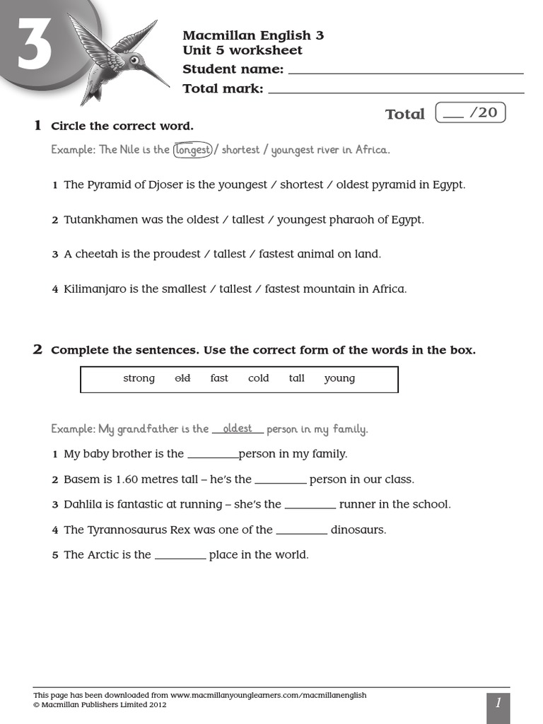 Total: Macmillan English 3 Unit 5 Worksheet Student Name: Total Mark | PDF