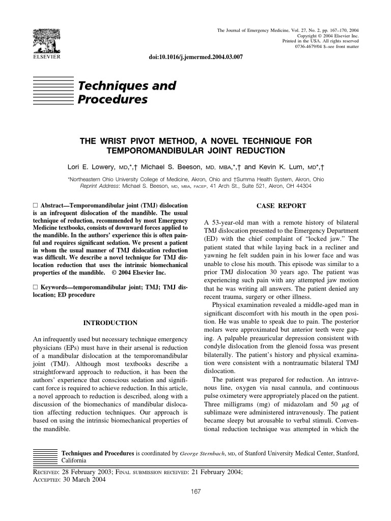 Wrist Pivot Method of TMJ Dislocation Reduction | PDF | Musculoskeletal ...