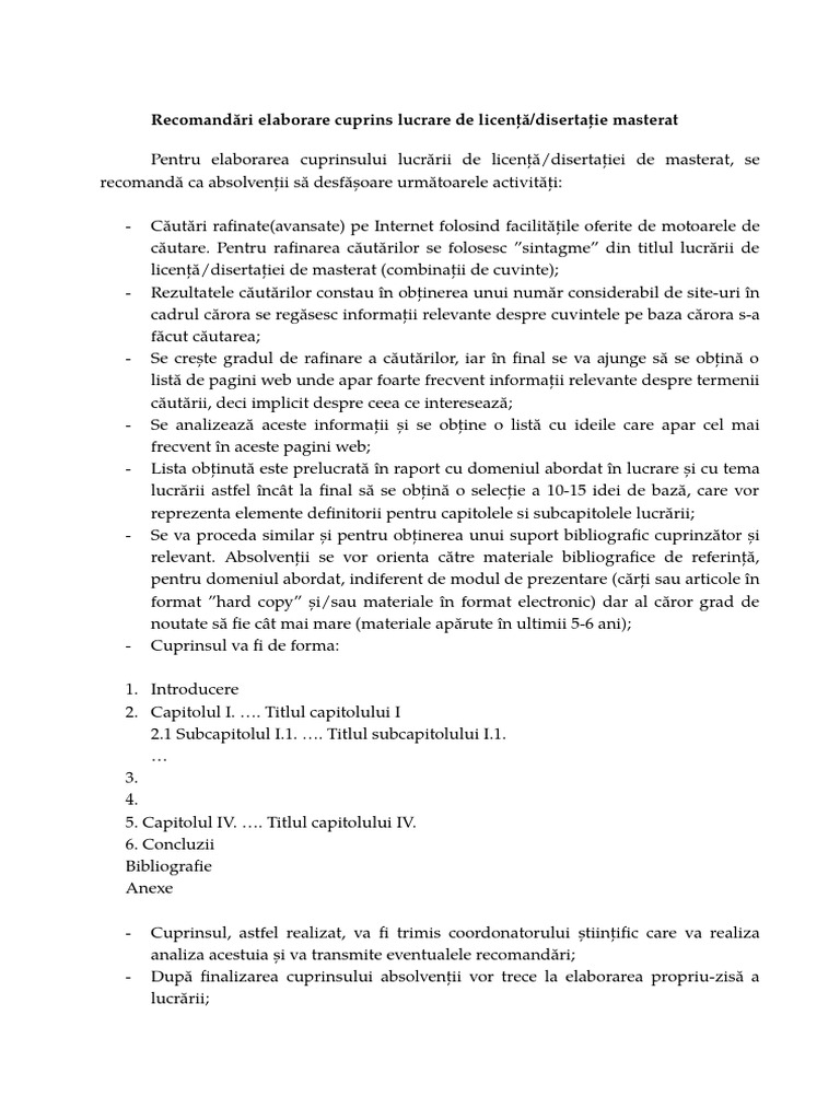 Recomandari Elaborare Cuprins Lucrare Licenta Disertatie | PDF