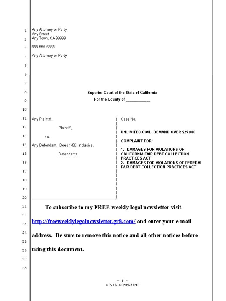 Sample Complaint For Violations of Fair Debt Collection Practices Act ...