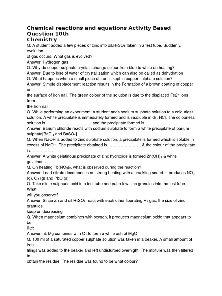 Chemical Reactions and Equations Activity Based Question 10th | PDF ...