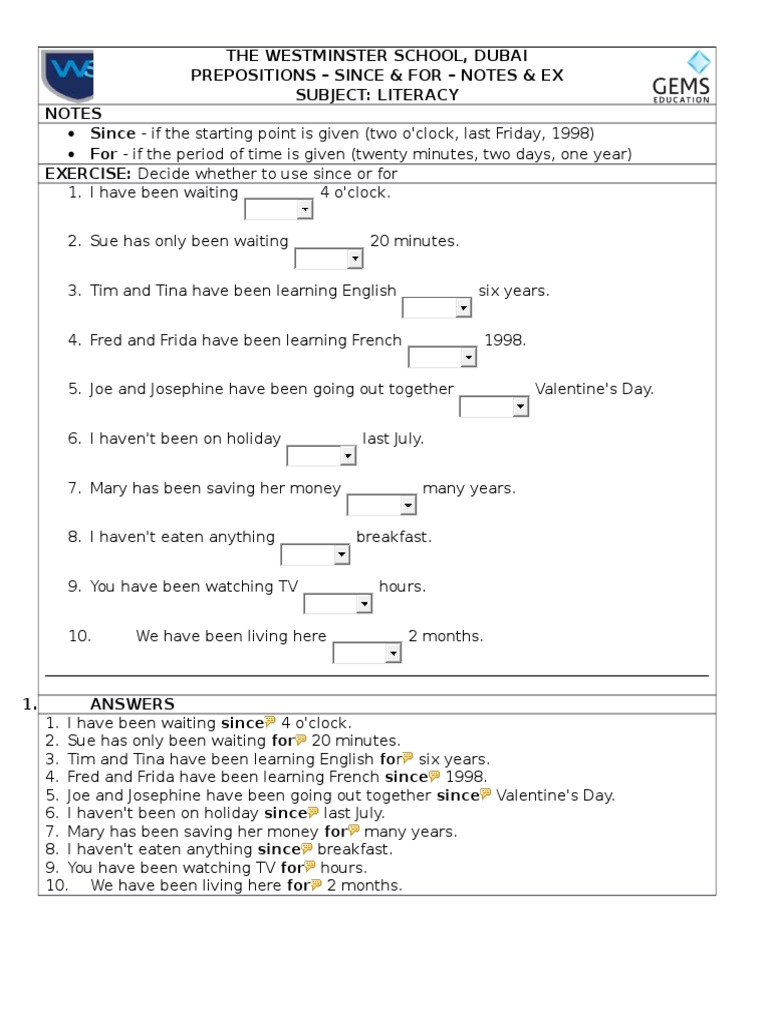 8 - Prepositions Since & For - Notes & Ex | PDF | Art