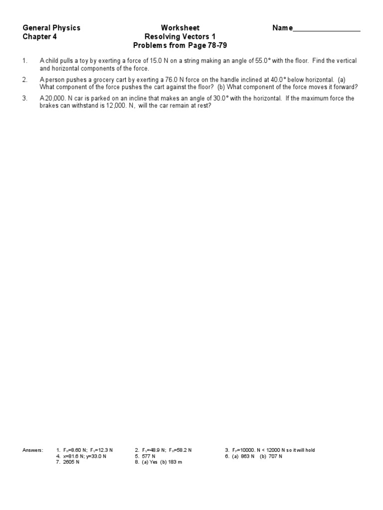 General Physics Worksheet Name Resolving Vectors 1 Problems From Page ...