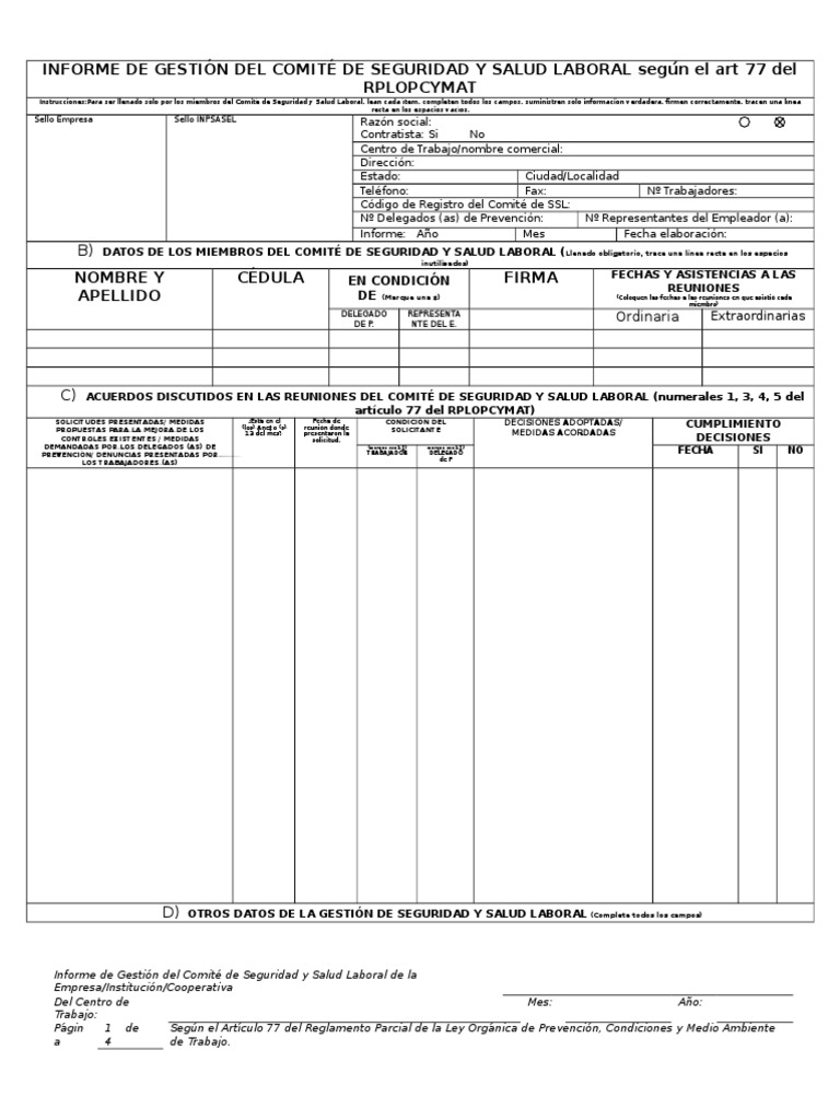 Formato Informe Comité SSL Inpsasel 2012 (2) | Labour Law ...