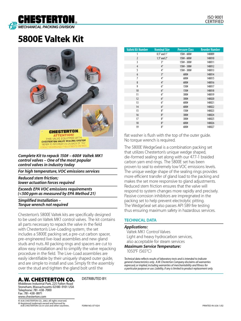 5800E Valtek Kit: A.W. Chesterton Co | PDF | Volatile Organic Compound ...