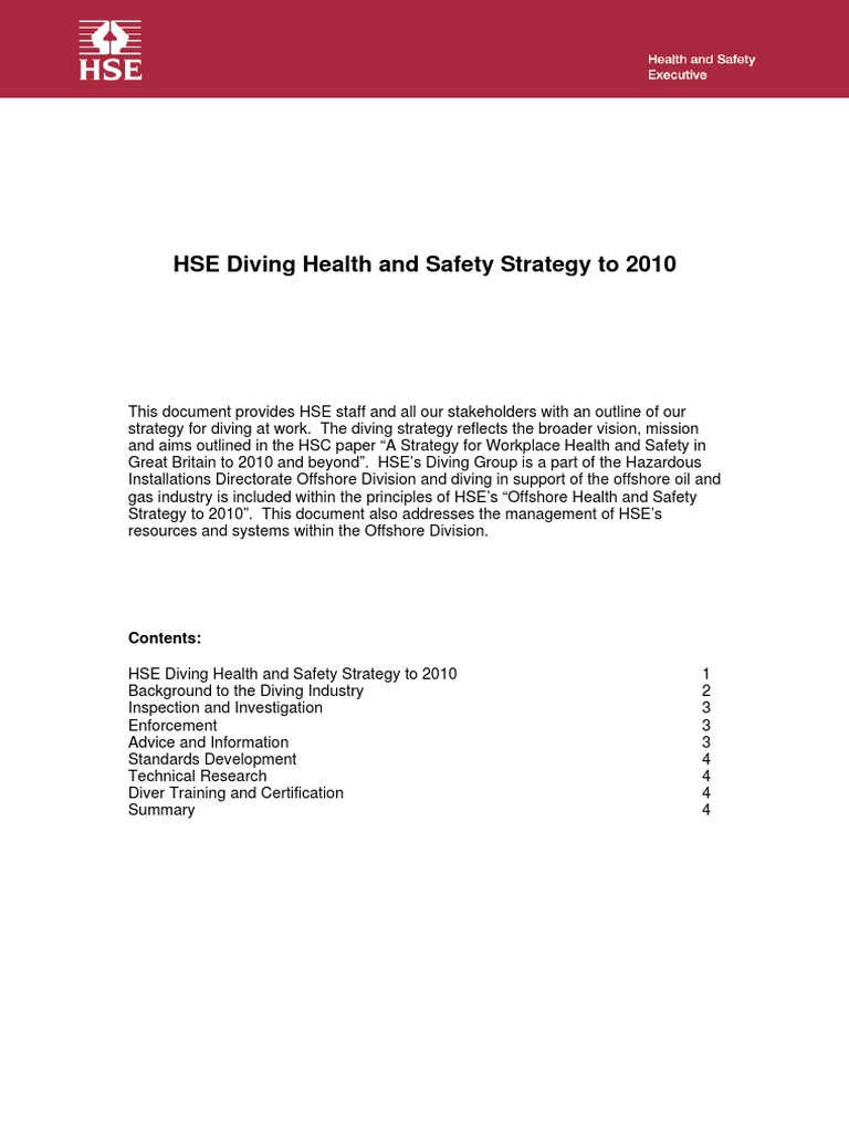 HSE Diving Health and Safety Strategy To 2010: Contents | PDF ...