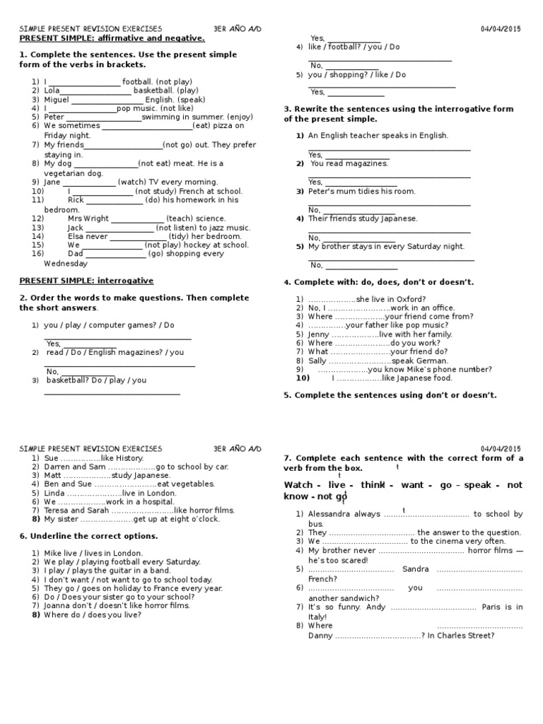 Present Simple Exercises | PDF | Grammar | Style (Fiction)