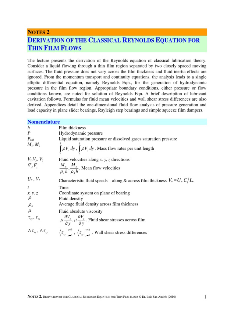 Reynolds Equation for Thin Film Flows | Fluid Dynamics | Shear Stress