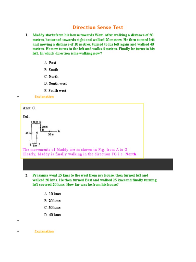 Direction Sense Test: A. East B. South C. North D. South West E. South ...