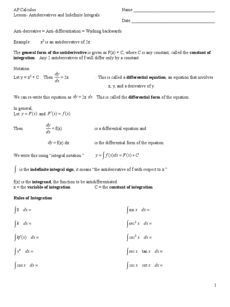 Ap Calculus Ab Integration Notes Pdf Summation Integral