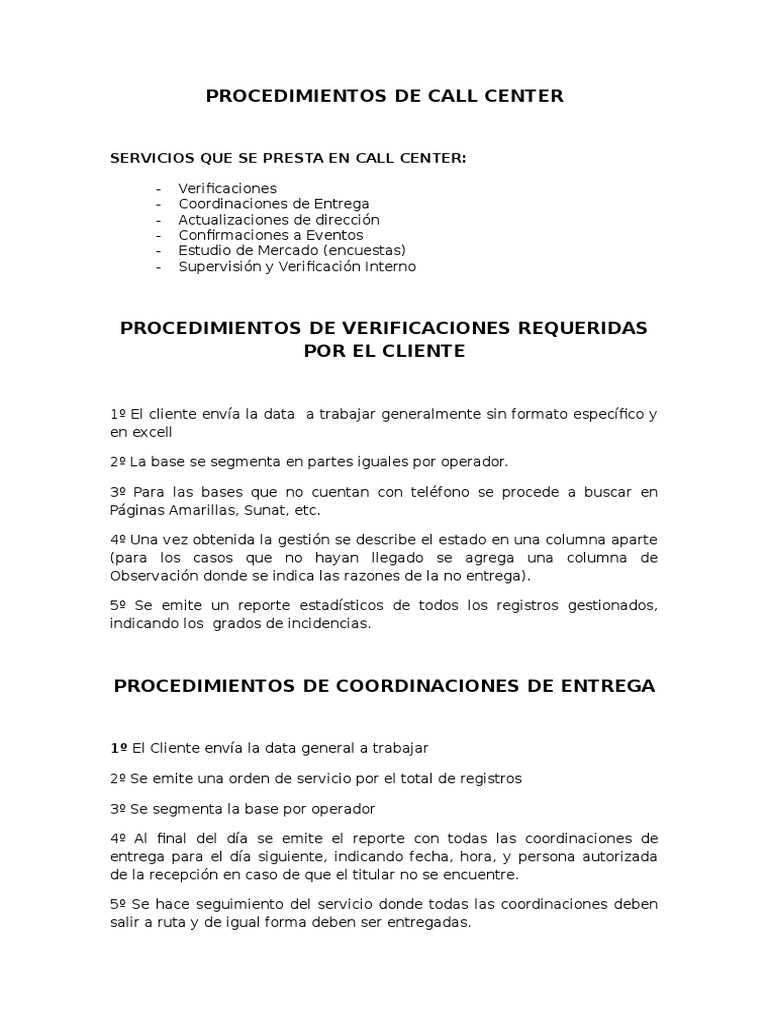 Procedimientos de Call Center | PDF | Centro de llamadas | Estadísticas
