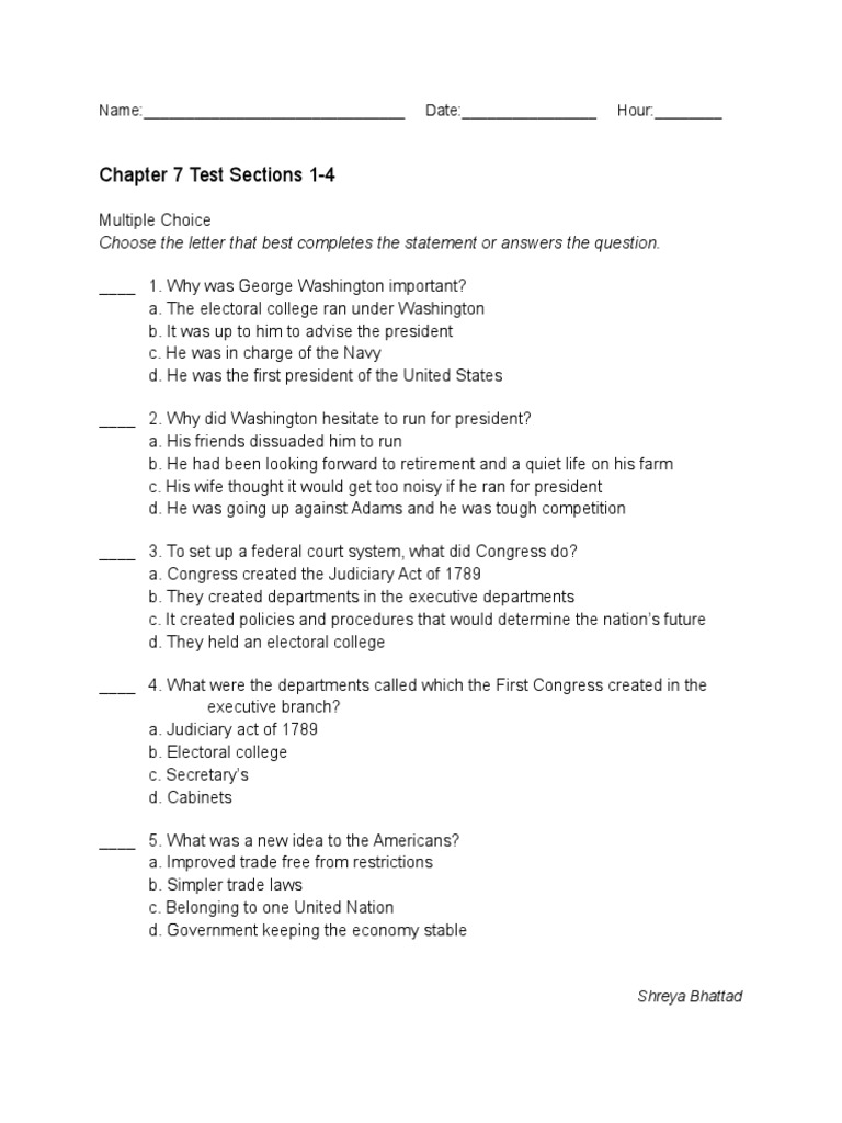 Chapter 7 Test Sections 1-4: Choose The Letter That Best Completes The ...