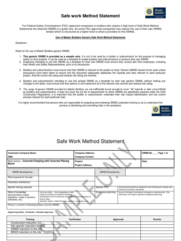 Safe Work Method Statement for Concrete Pumping with Concrete Placing ...