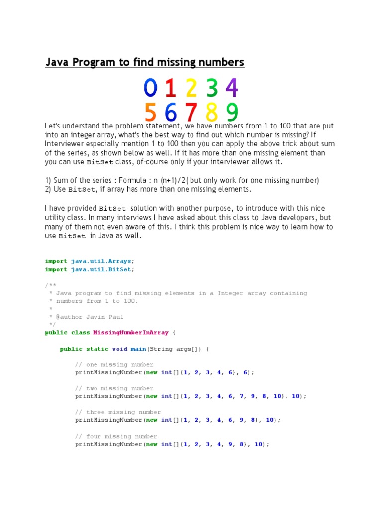 Java Program To Find Missing Numbers Pdf Integer Computer Science