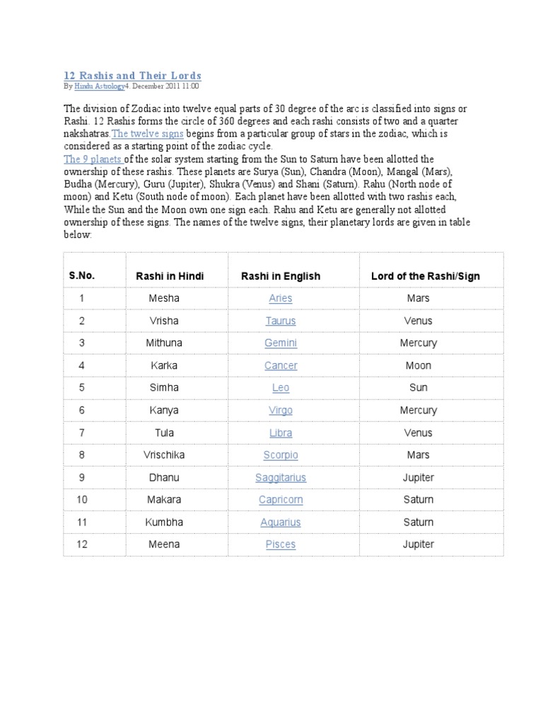 12 Rashis and Their Lords | PDF | Planets In Astrology | Hindu Astrology