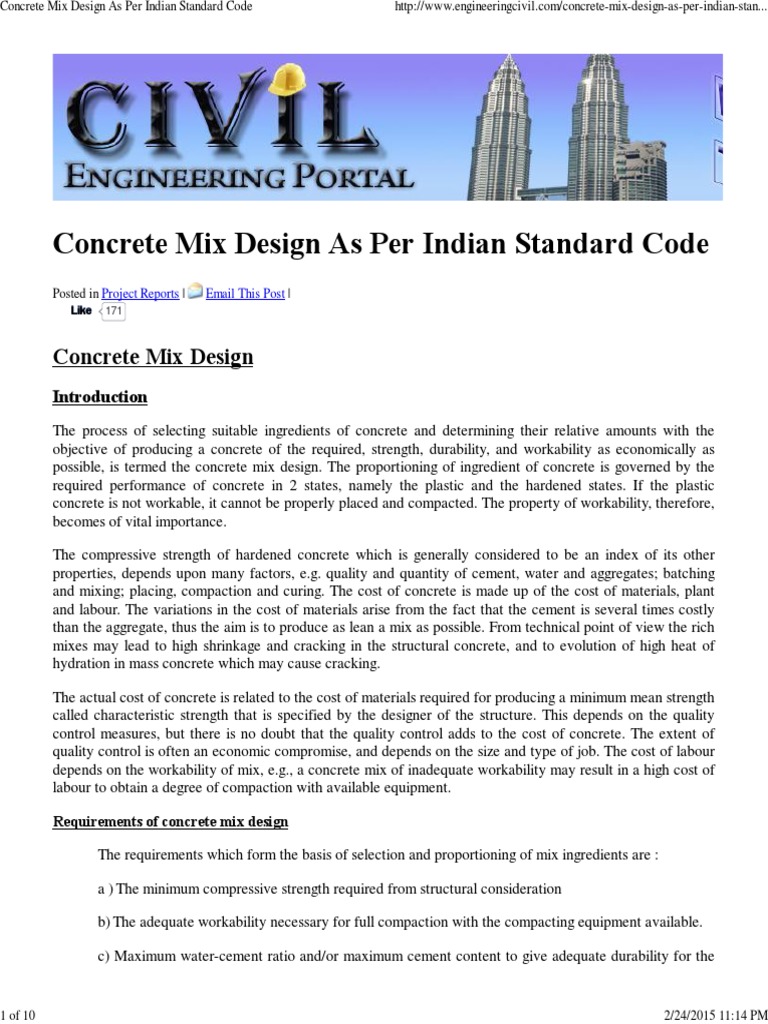 Concrete Mix Design As Per Indian Standard Code | PDF | Concrete | Cement