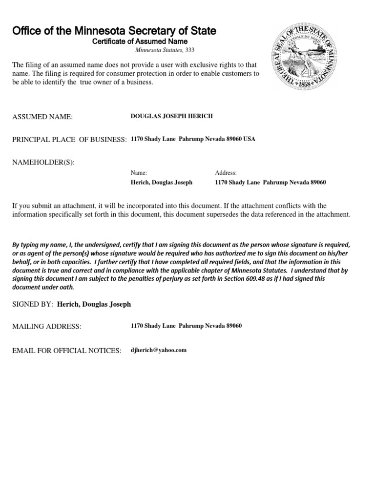 Minnesota Assumed Name Certificate | PDF