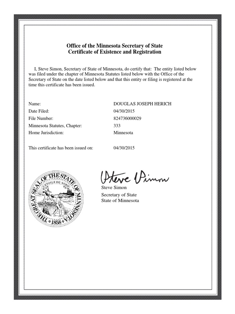 2015 Official Certificate of Existence and Registration - Assumed Name ...