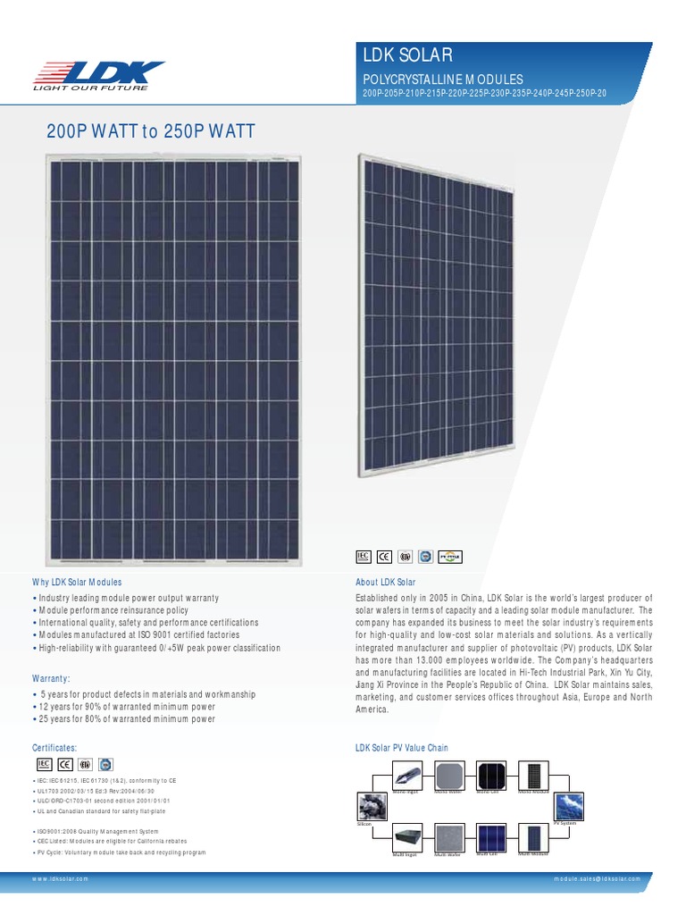 250 Watt Solar Panel Specifications | PDF | Photovoltaics | Solar Panel