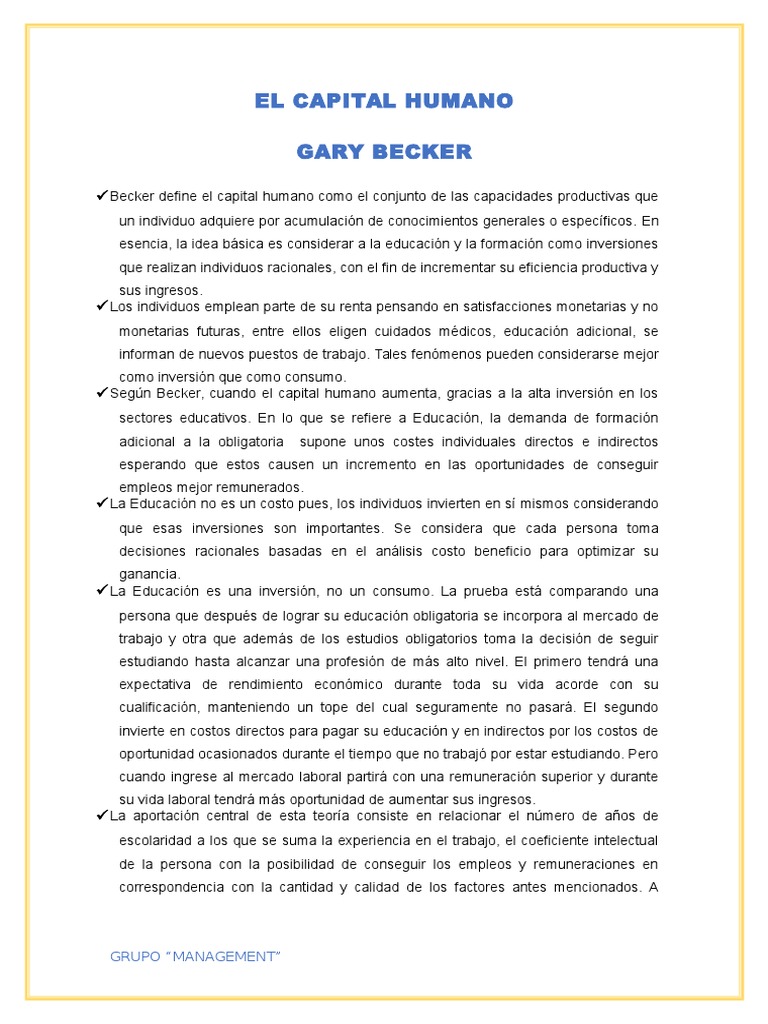 El Capital Humano - Gary Becker | PDF | Capital humano | Beneficio ...