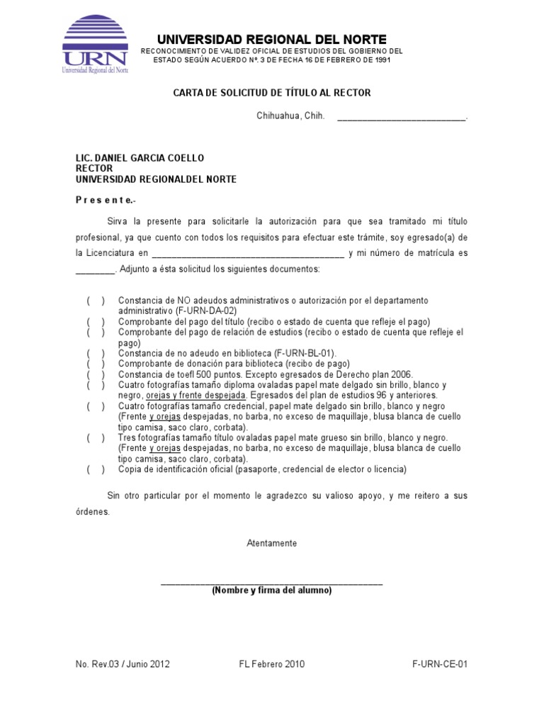 Carta de Solicitud de Titulo Al Rector | PDF