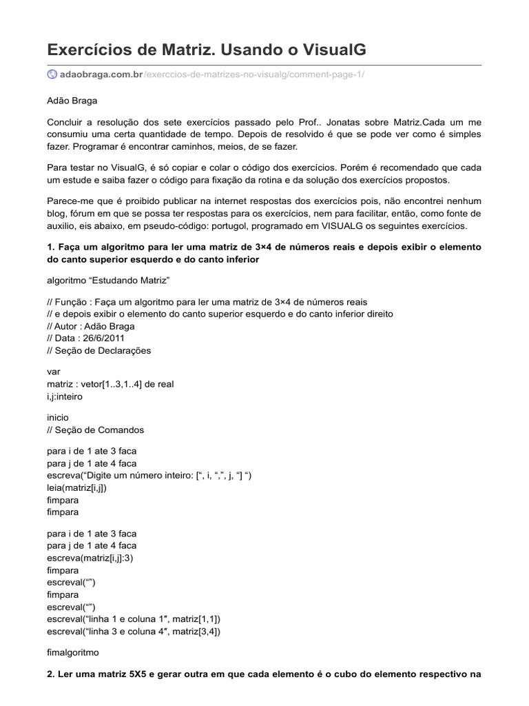 Exercícios de Matriz Usando o VisualG | PDF | Matriz (Matemática ...
