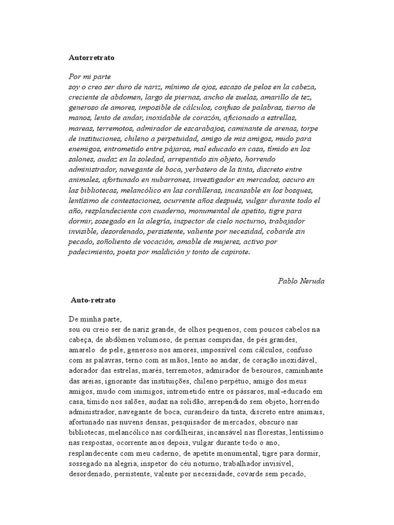 Autorretrato - Pablo Neruda | PDF | Hogar, jardinería y bricolaje | Poesía