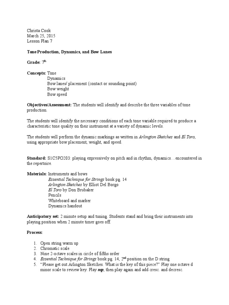 Tone Production and Dynamics Lesson Plan | PDF | Pitch (Music) | String ...