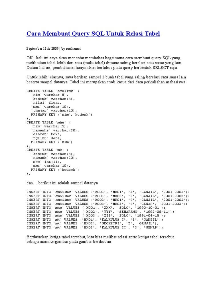 Cara Membuat Query SQL Untuk Relasi Tabel | PDF Cara Membuat Query SQL Untuk Relasi Tabel | PDF