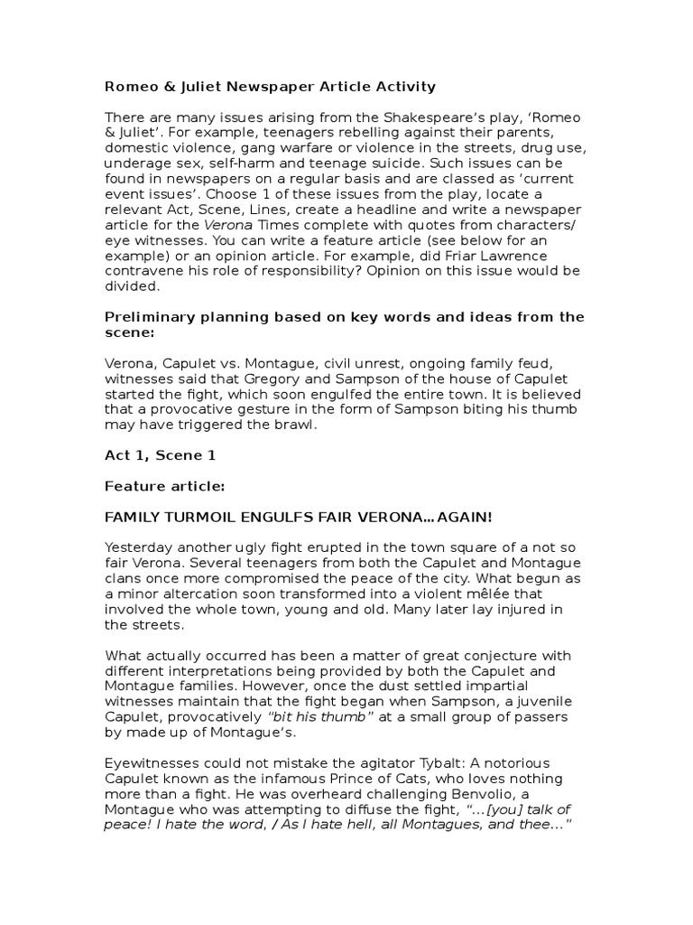 Romeo & Juliet Newspaper Article | Characters In Romeo And Juliet ...